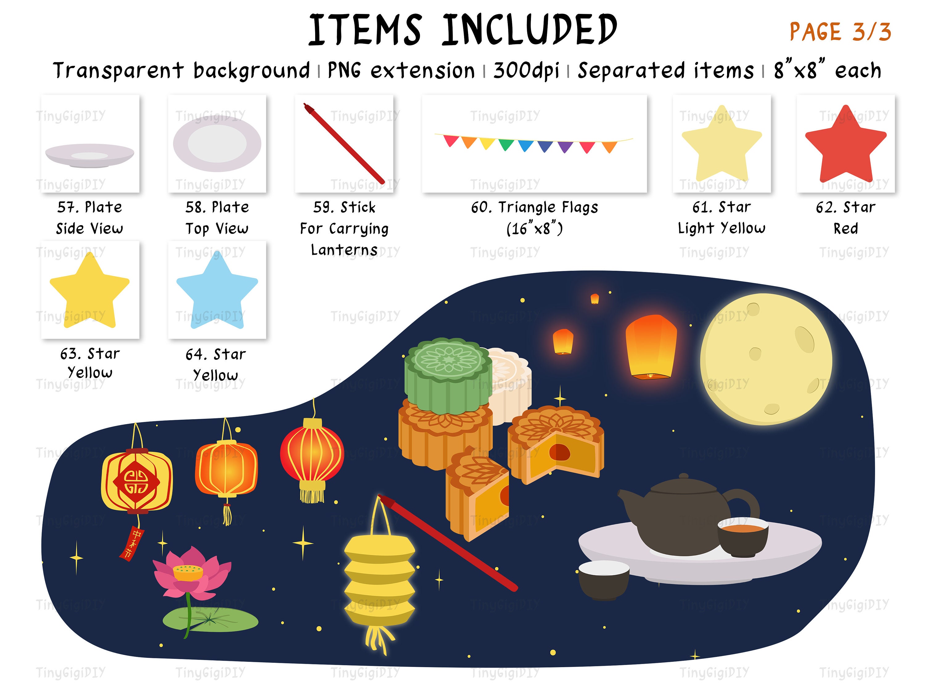 Mid-autumn Festival Clipart: Mooncake, Lion Dance, Lanterns (PNG) - Etsy