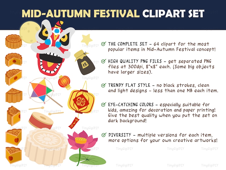 Mid-autumn Festival Clipart: Mooncake, Lion Dance, Lanterns (PNG) - Etsy