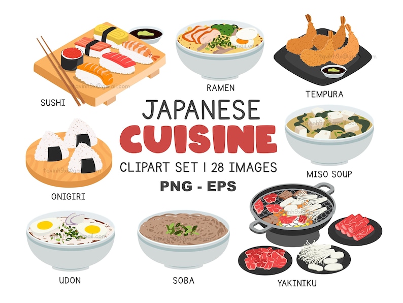 Japanese Food Clipart Set: Sushi, Ramen, Tempura (PNG, EPS Digital ...