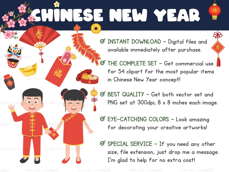 Chinese New Year Clipart Set, Lunar PNG Vector (digital Download) - Etsy