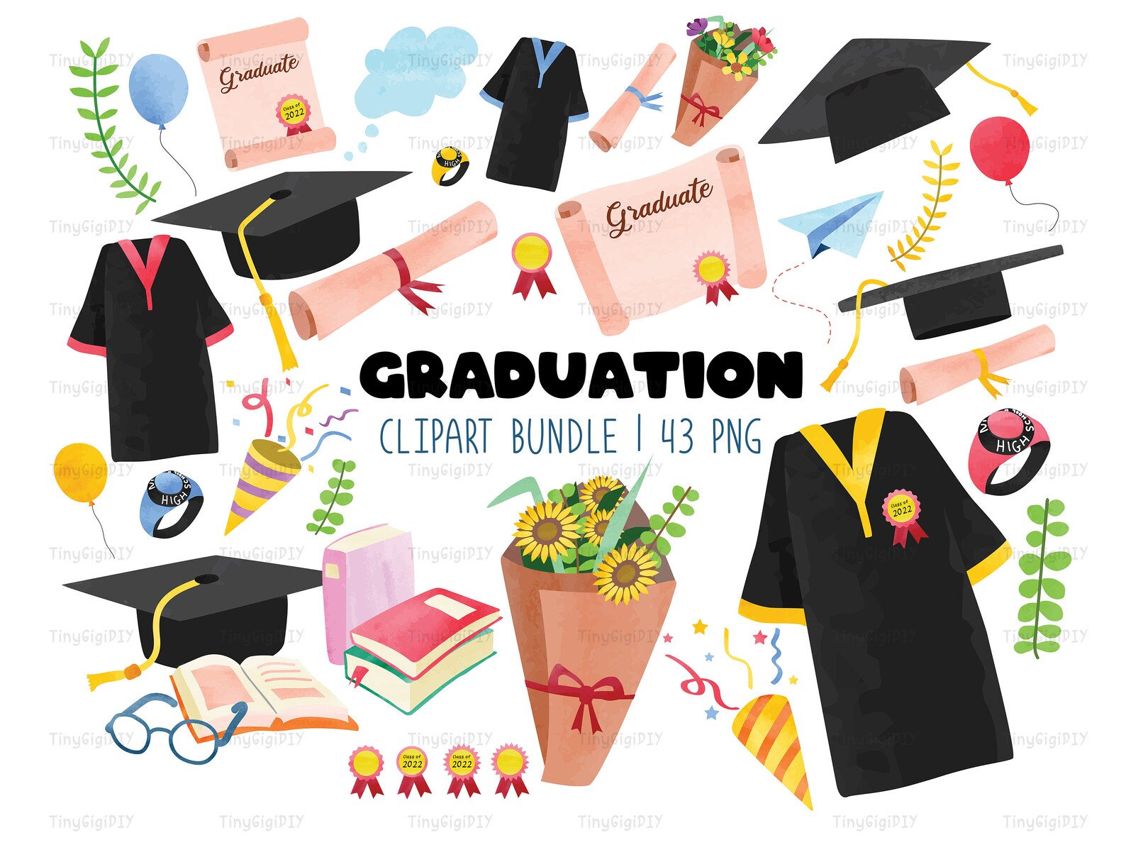 Watercolor Graduation Clipart Bundle Graduation Png Clipart - Etsy