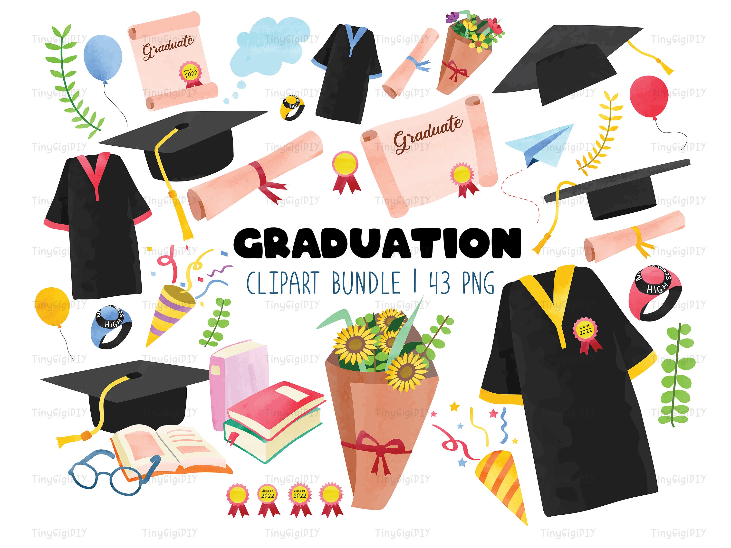 Watercolor Graduation Clipart Bundle Graduation Png Clipart - Etsy