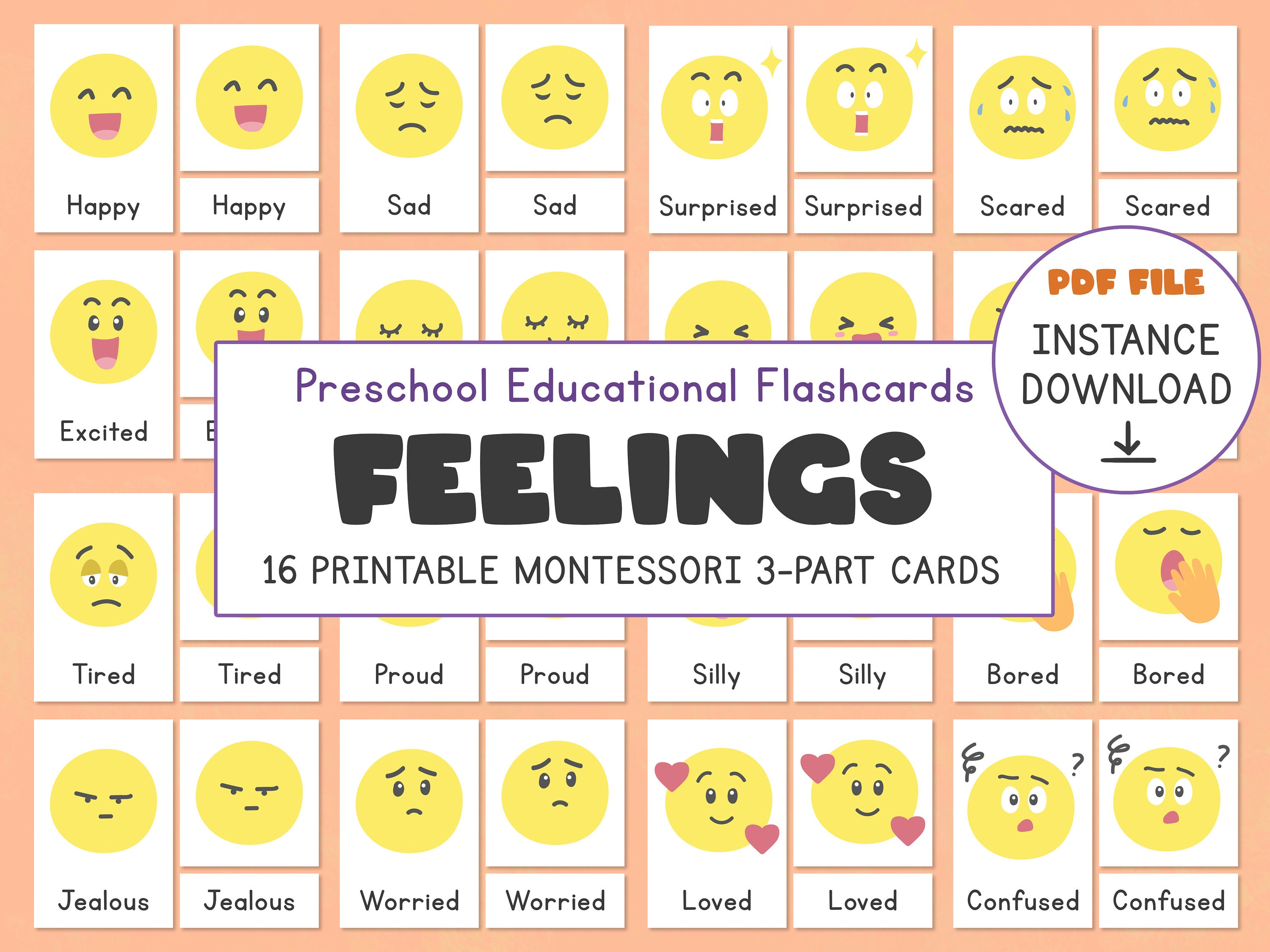 Emotions Flashcards, Feelings Flashcards, Printable Montessori 3-part ...