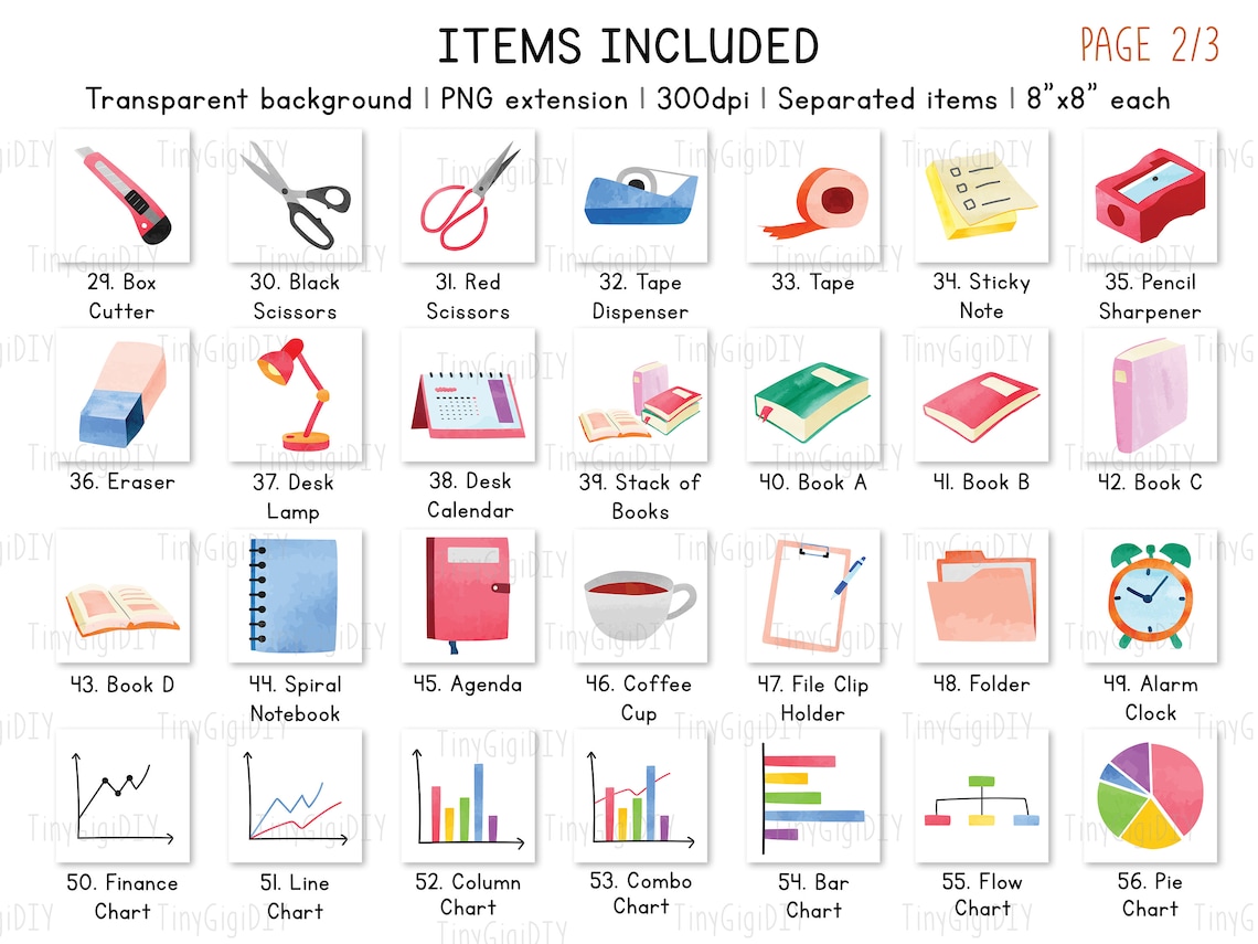 Office Supplies Watercolor Clipart Set Cute Office Work - Etsy Australia