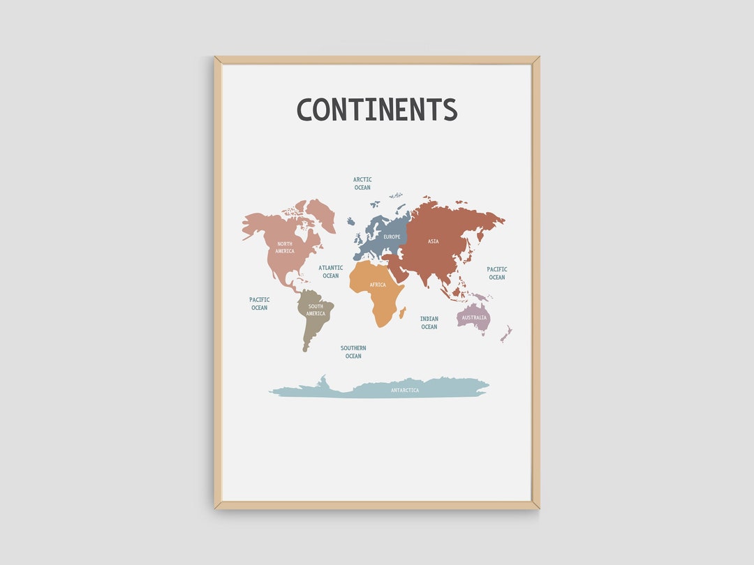 Continents Poster, Geography Classroom Wall Art, Continents and Oceans ...