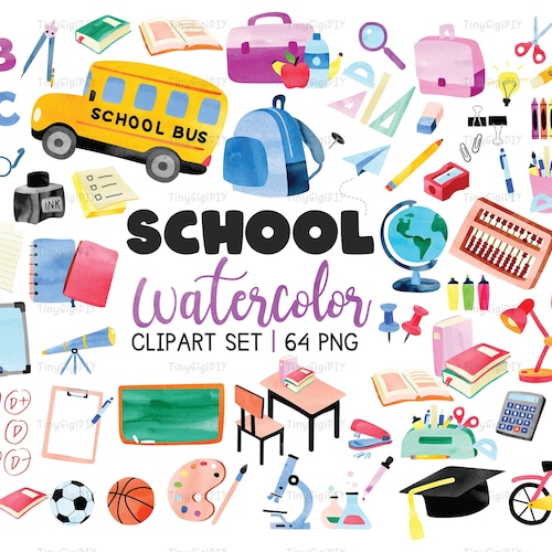Watercolor Back to School Clipart School Supplies Clip Art - Etsy