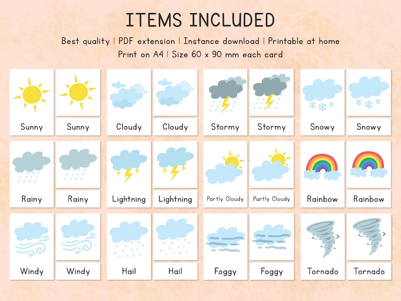 Weather Flashcards Printable, Weather Nomenclature Montessori 3-part ...