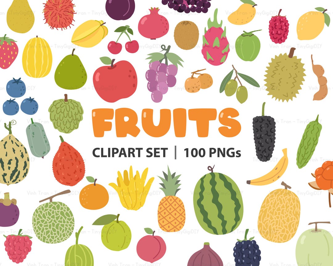 Cartoon Fruits Clipart Set, 100 Cute Fruits PNG Images, Transparent ...