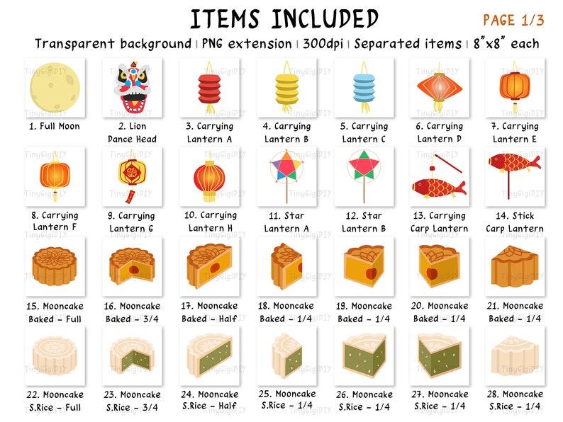 Mid-autumn Festival Clipart: Mooncake, Lion Dance, Lanterns (PNG) - Etsy