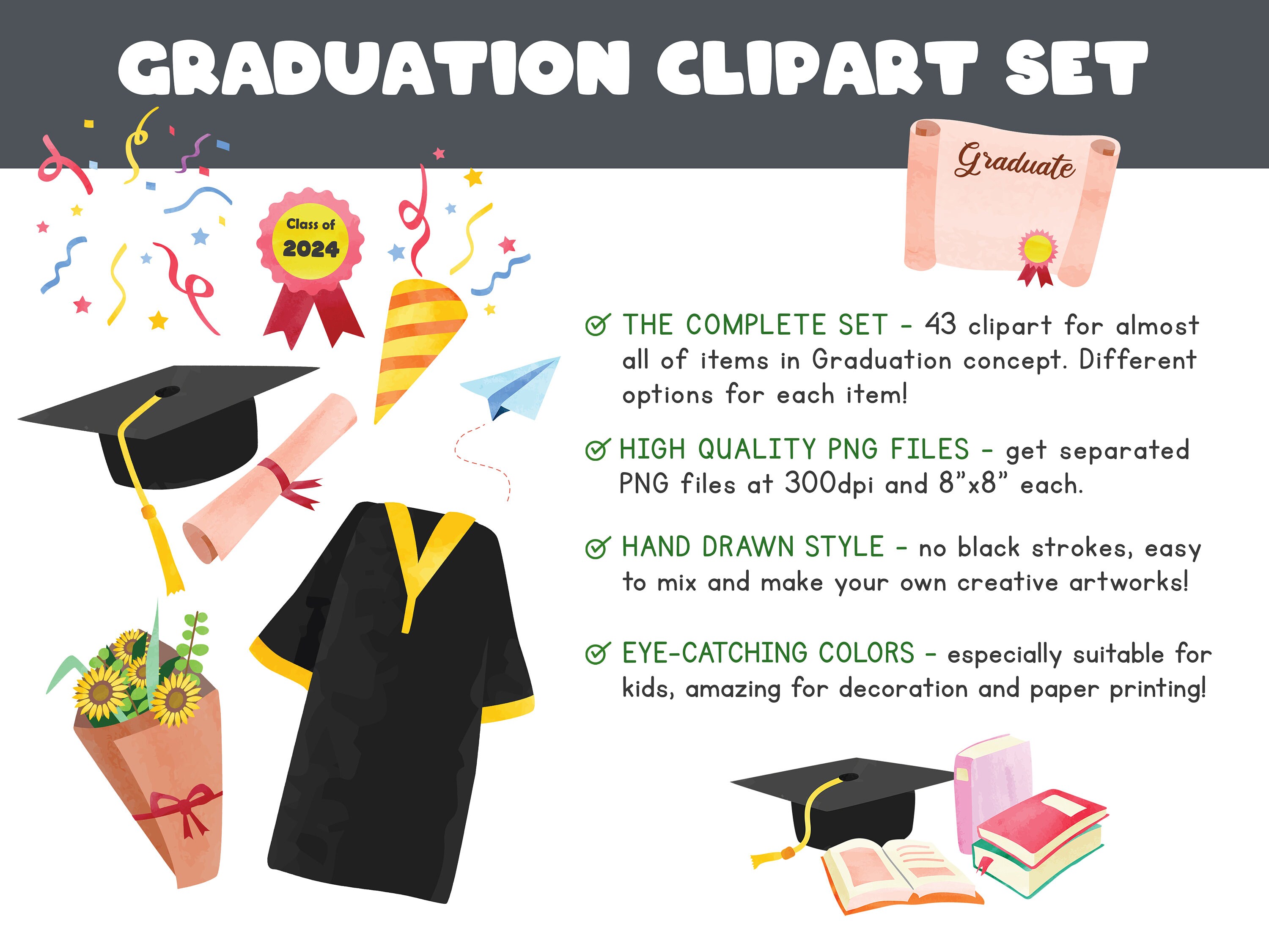 Watercolor Graduation Clipart Bundle, Graduation Clipart Png Set ...