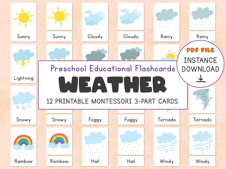 Weather Flashcards Printable, Weather Nomenclature Montessori 3-part ...