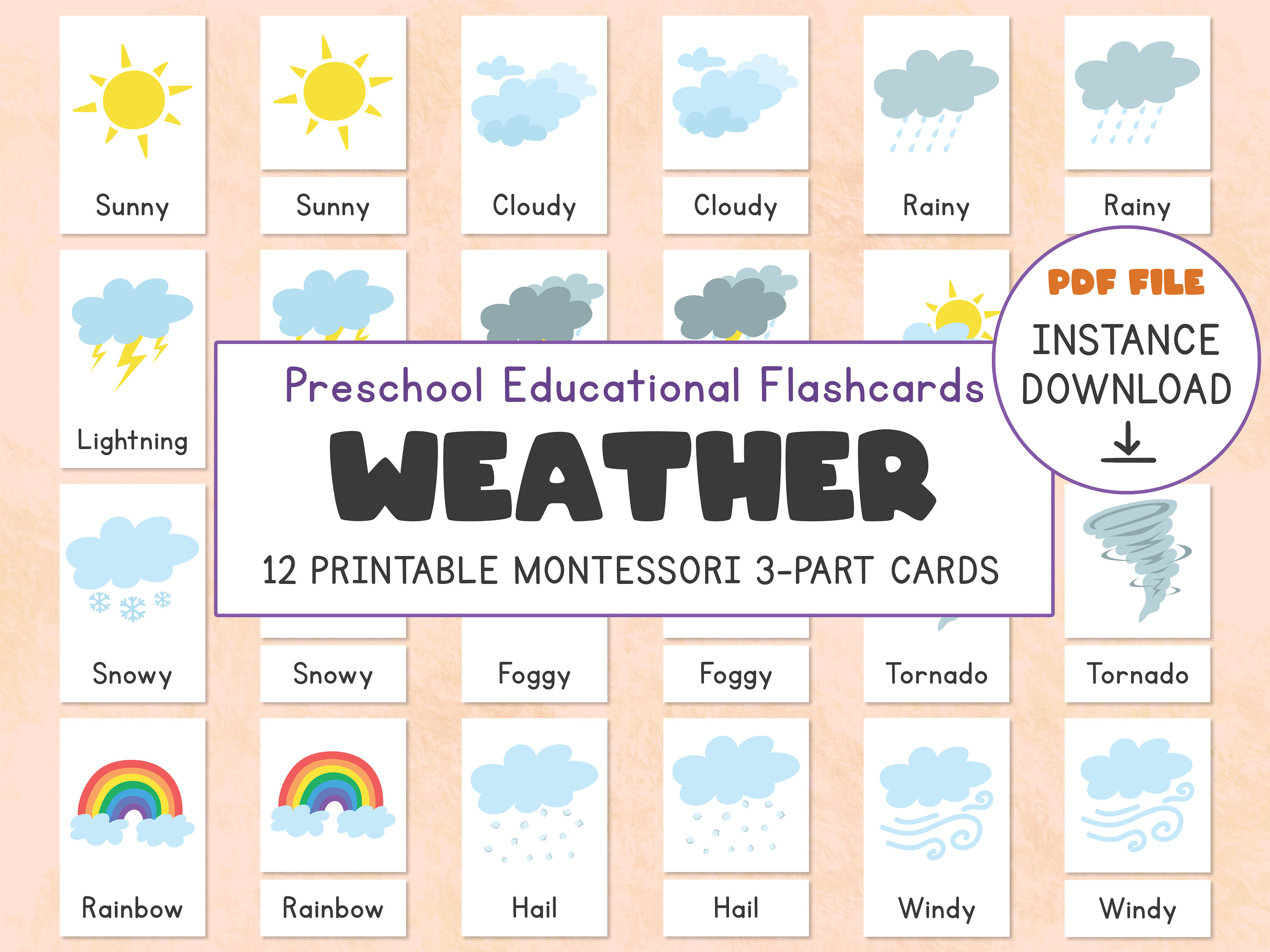 Weather Flashcards Printable, Weather Nomenclature Montessori 3-part ...
