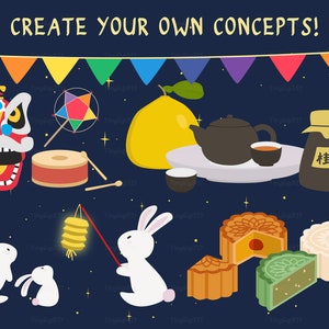 Mid-autumn Festival Clipart: Mooncake, Lion Dance, Lanterns (PNG) - Etsy