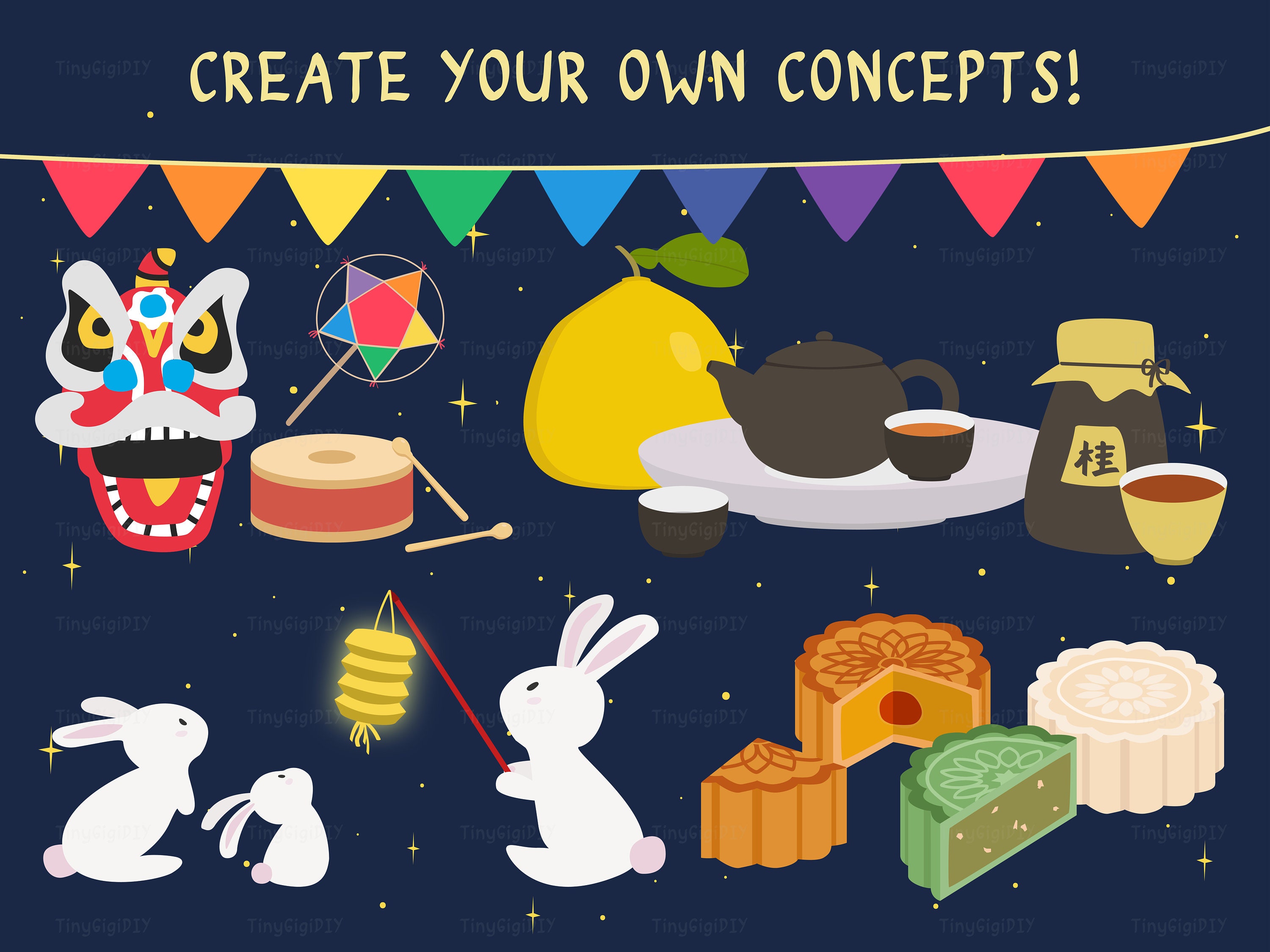 Mid-autumn Festival Clipart: Mooncake, Lion Dance, Lanterns (PNG) - Etsy