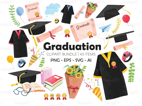 Watercolor Graduation Clipart Bundle Graduation SVG Clipart | Etsy