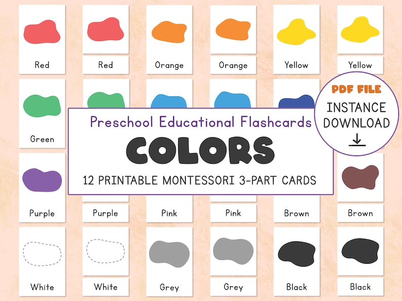 Colors Flashcards Printable, Set of 12 Colors Montessori 3-pard Cards ...
