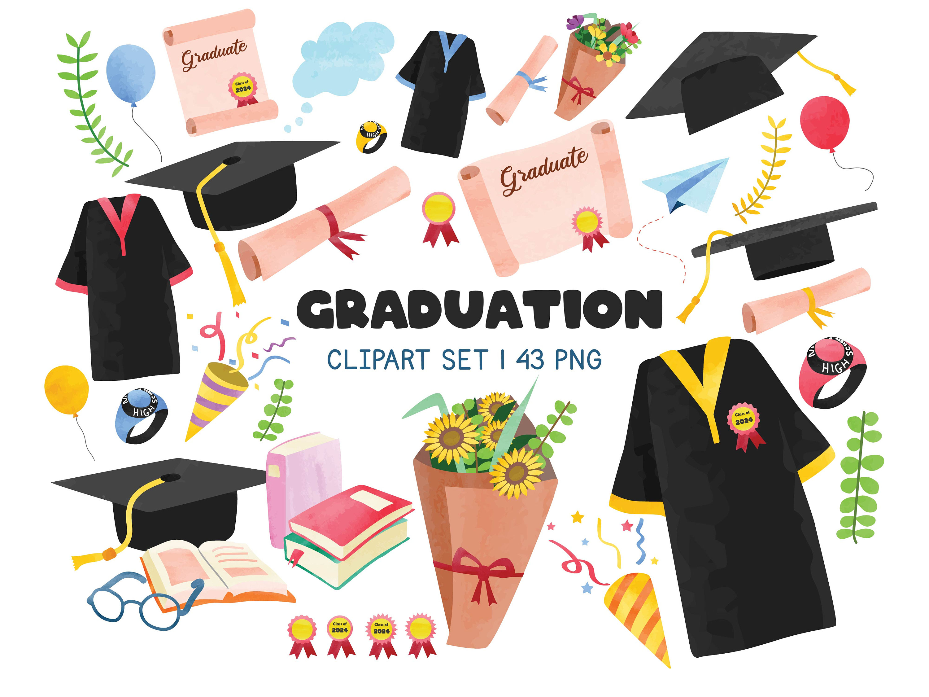 Watercolor Graduation Clipart Bundle, Graduation Clipart Png Set ...