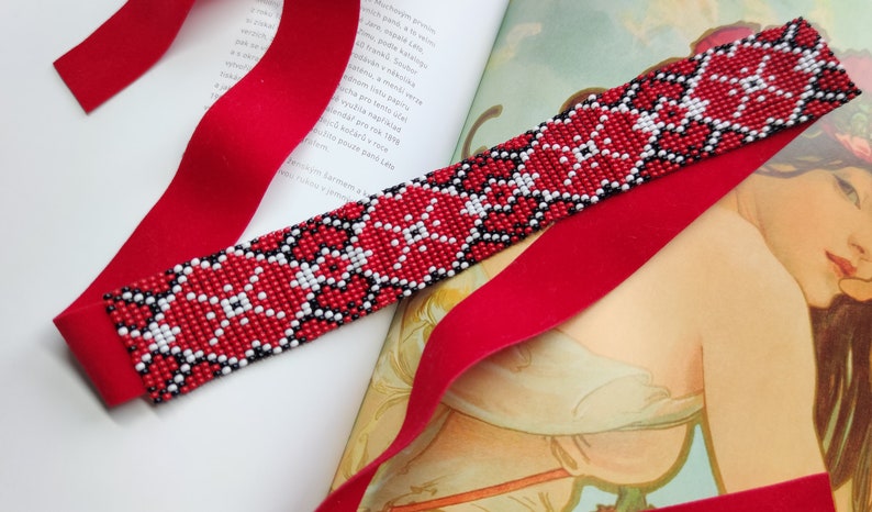 Traditional Ukrainian Gerdan Poppies Pattern Red Ribbon Necklace ...