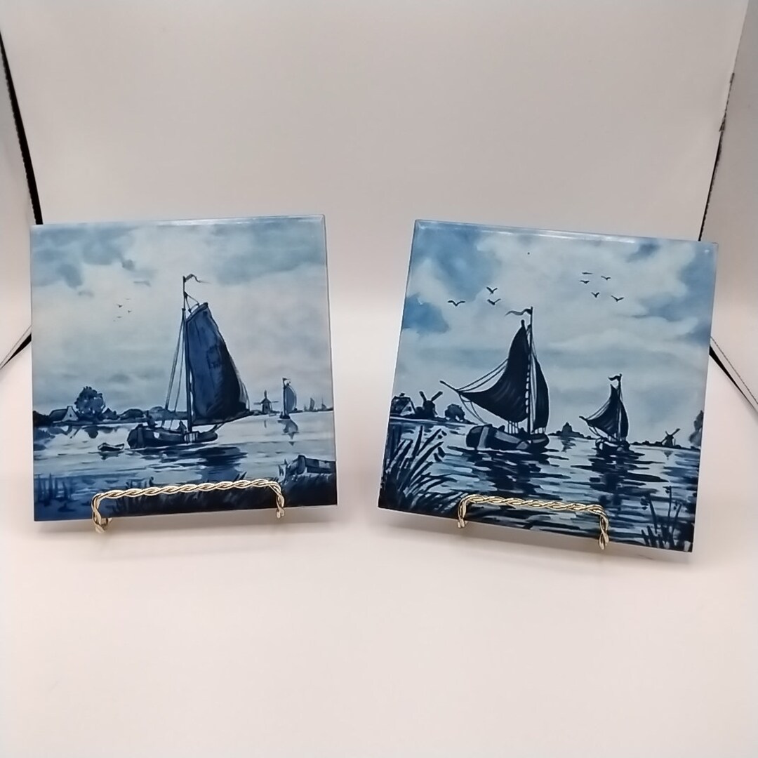 Italian Delft Blue Boating Scenes Hanging Tiles (2) Vintage 1970's - Etsy