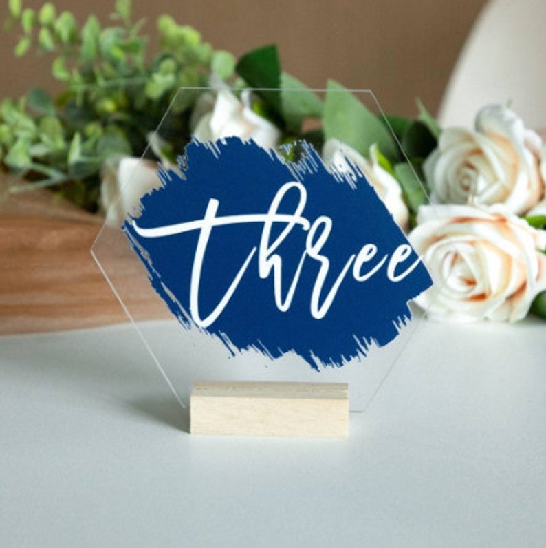Hexagon Acrylic Table Numbers With Stand- Custom Paint Brush Style ...