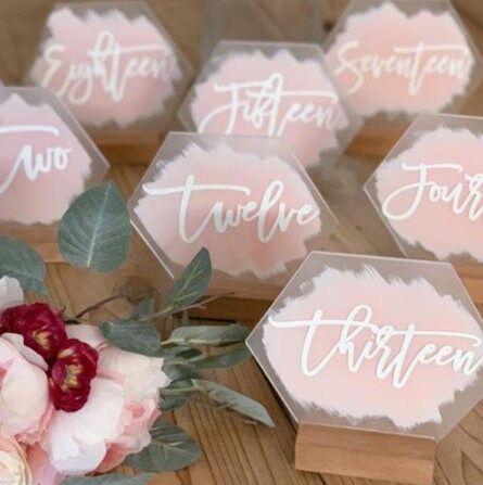 Hexagon Acrylic Table Numbers With Stand- Custom Paint Brush Style ...