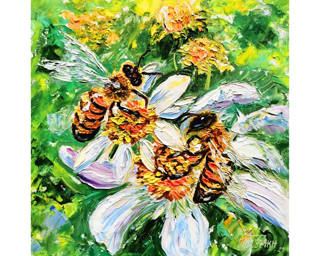 Bees Oil Painting Flowers Original Art Meadow Wall Art Daisies Artwork ...