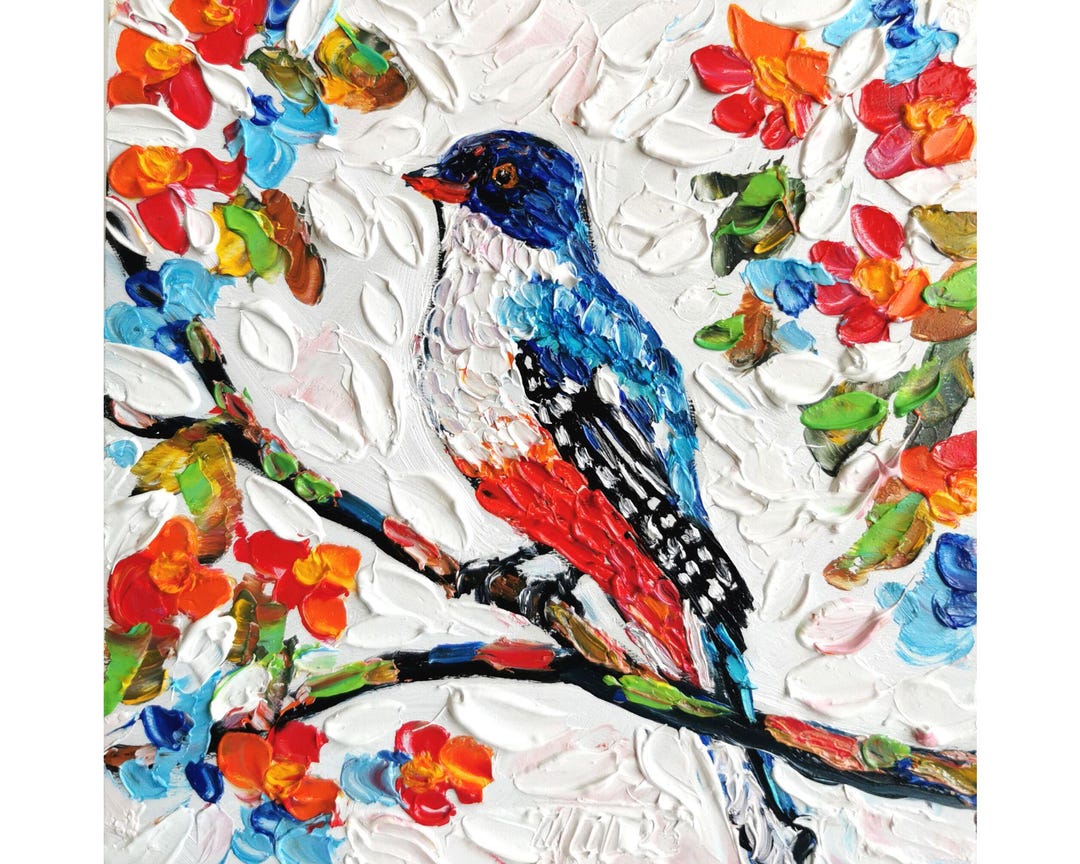Starling Bird Oil Painting Blue Bird Original Art Textured Floral ...