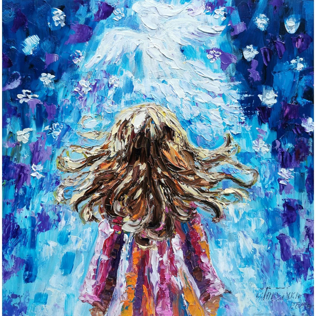 Girl and Angel Oil Painting Fantastic Original Art Starry Sky Wall Art ...