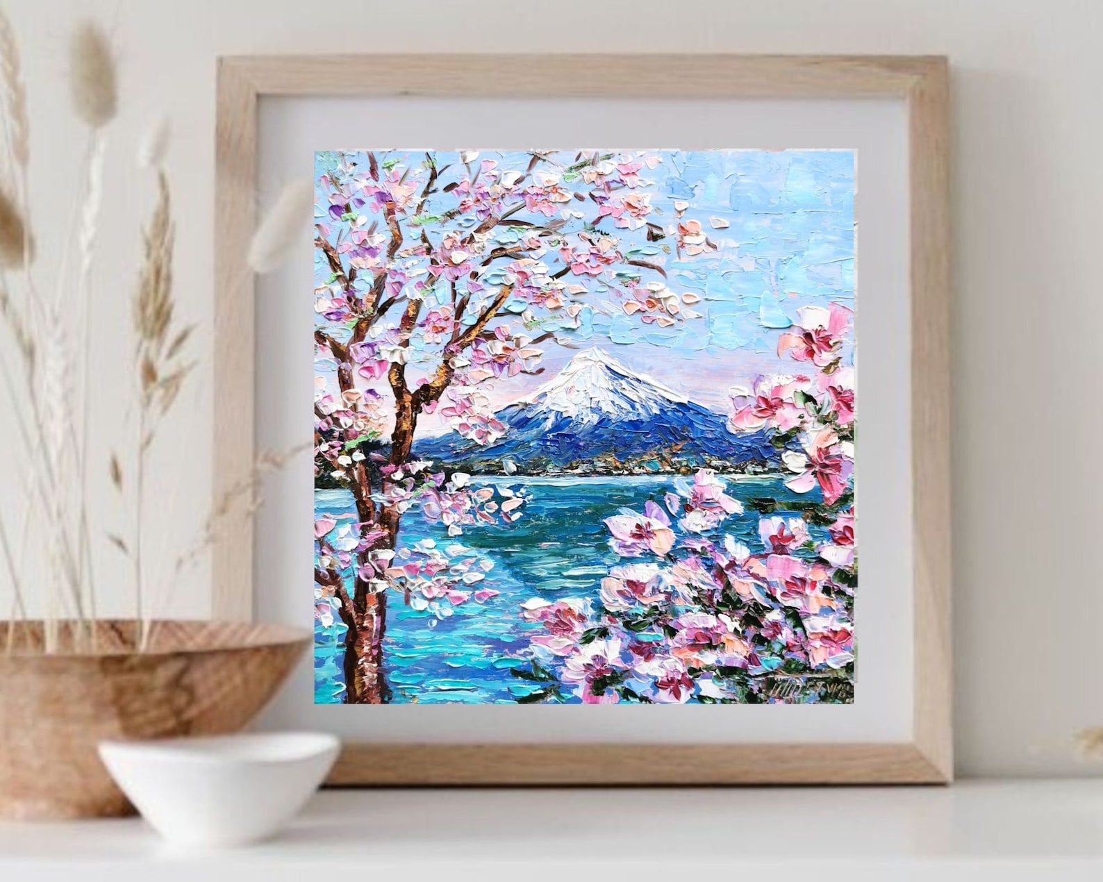 Mount Fuji Oil Painting: Sakura Blossoms, Japanese Landscape Art (10x10 ...