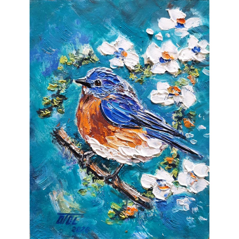 Robin Bird Oil Painting Framed Original Art: Impasto Floral Art ...