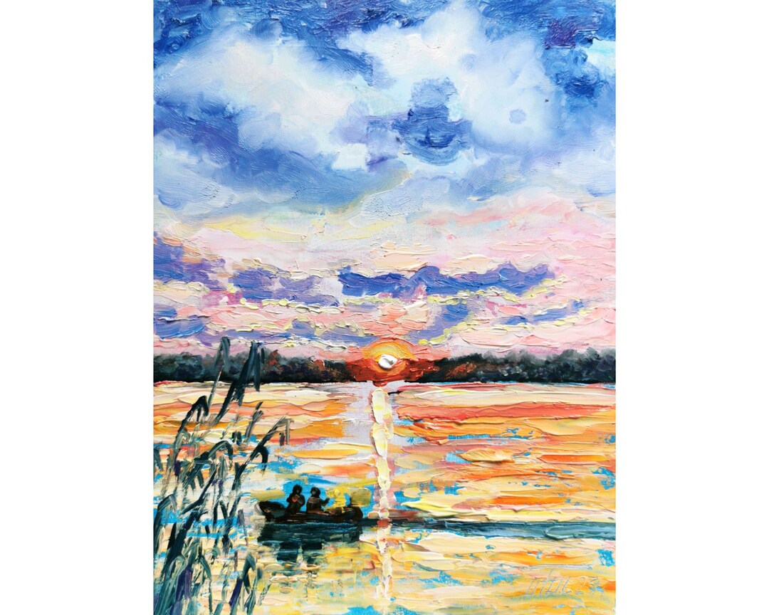 Fishermen Painting Boat Original Art Sunset River Wall Art Mississippi ...