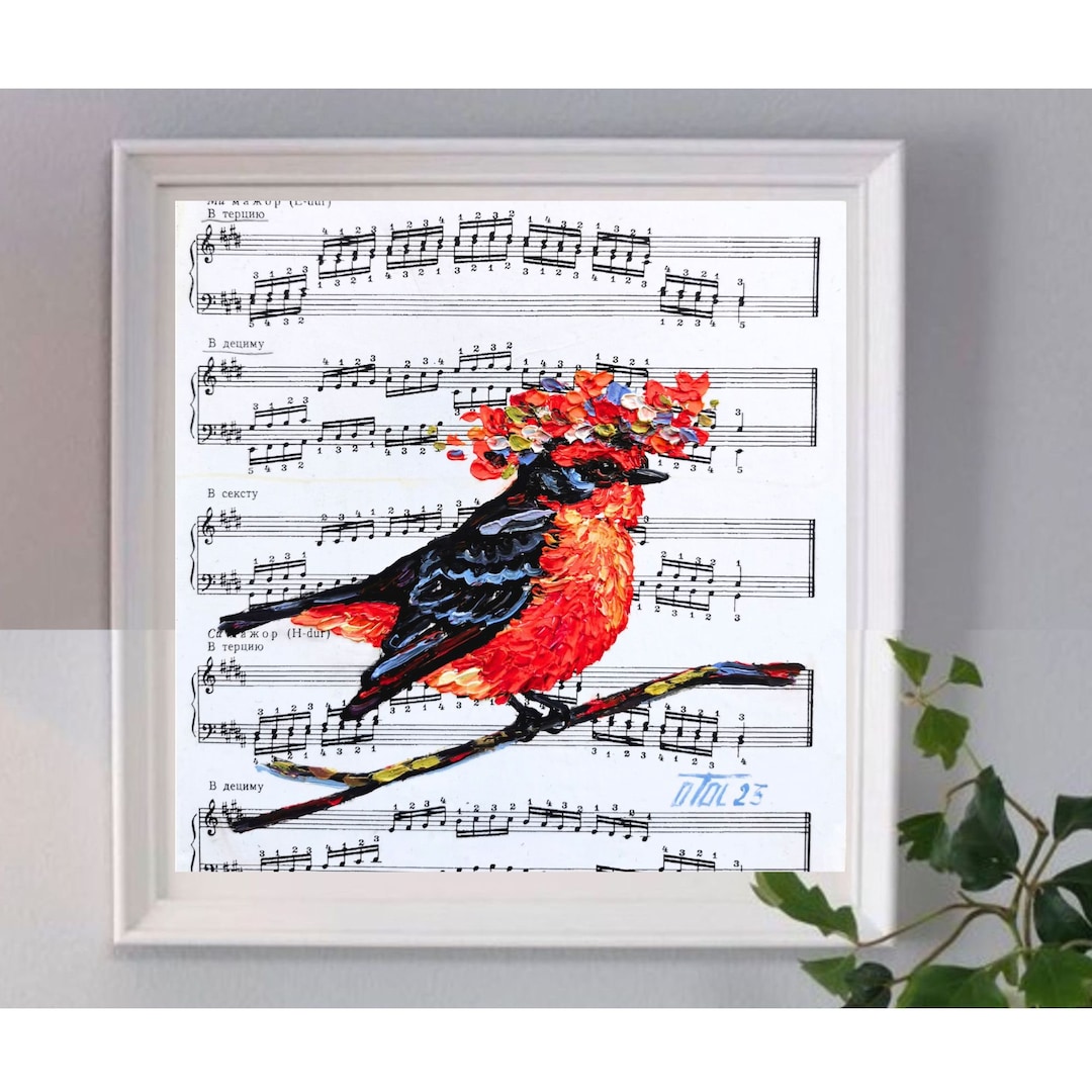 Red Female Bird Painting Musical Notes Original Art Bird Wreath of ...