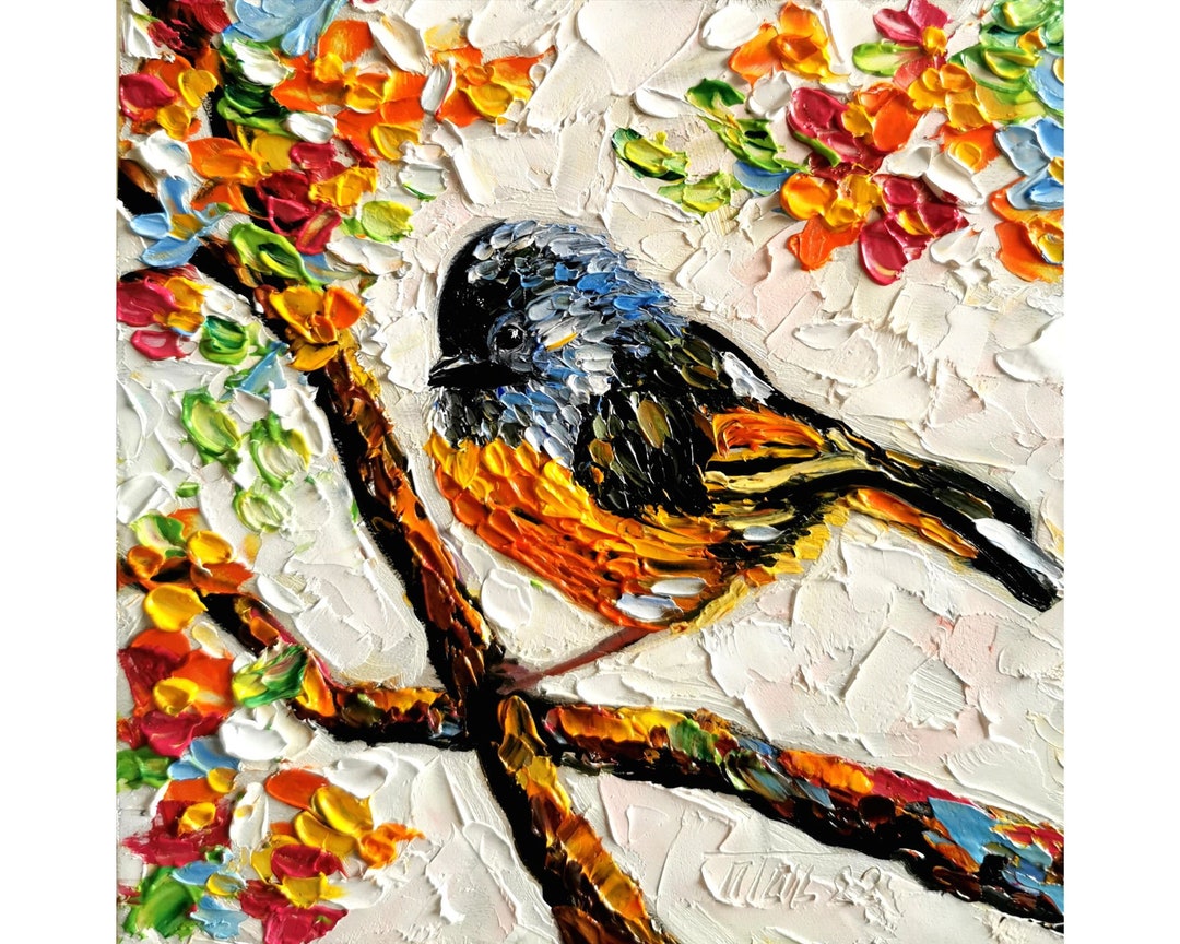 Redstart Bird Painting: Small Abstract Impasto Oil Art (6x6") - Etsy