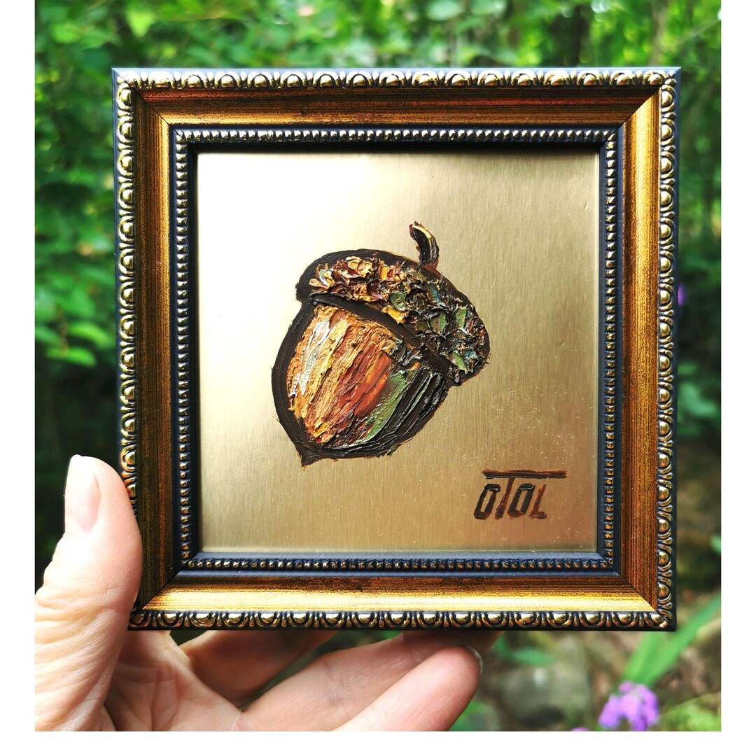 Oak Acorn Oil Painting With Gold Frame, Miniature Impasto Art (4-4") - Etsy