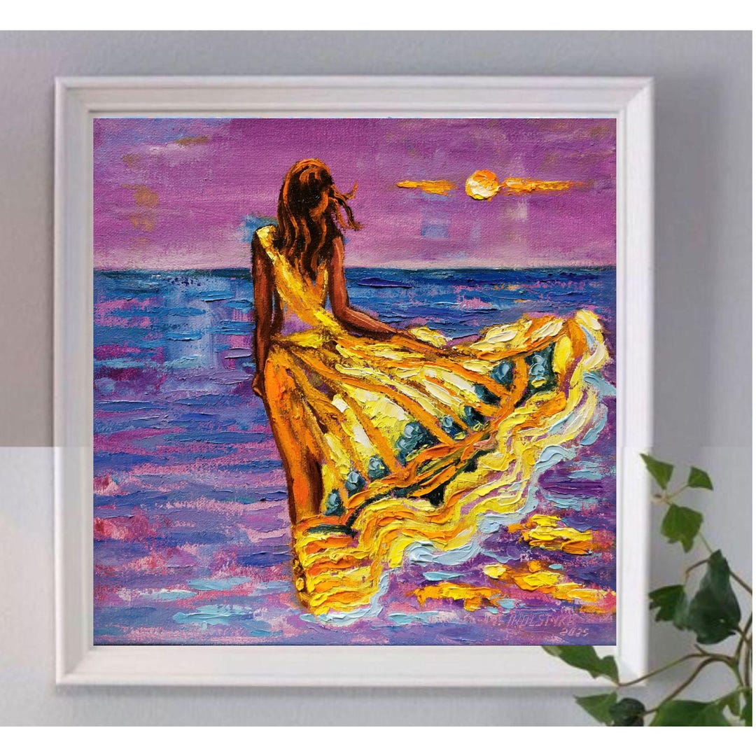 Girl in Yellow Dress Oil Painting on Canvas, Ocean Seascape,textured ...