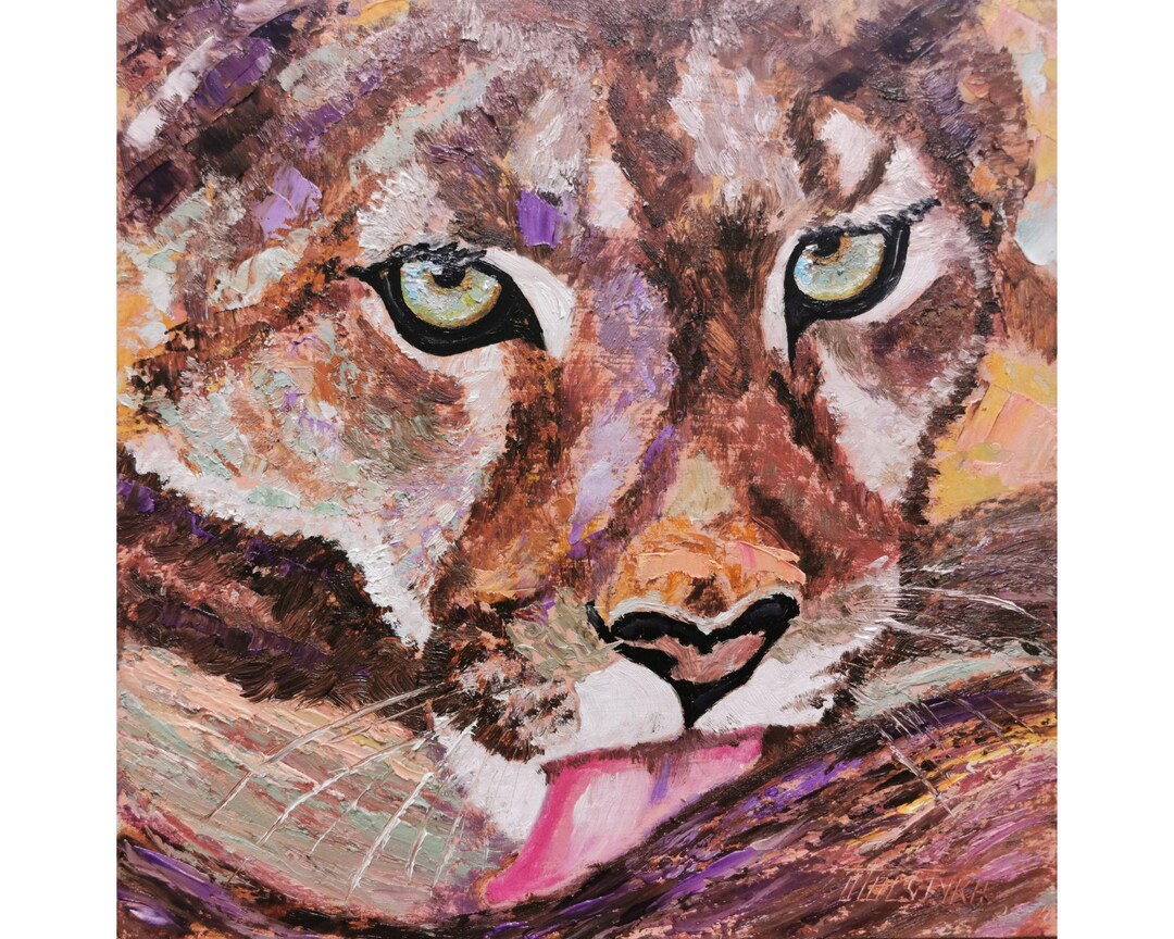 Cougar Painting Original Art Wild Animal Wall Art Leopard Impasto Oil ...