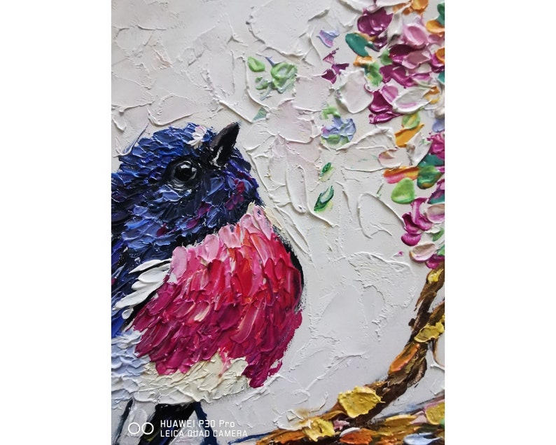 Pink Robin Painting: Impasto Cherry Blossom Art, Small Floral Oil ...