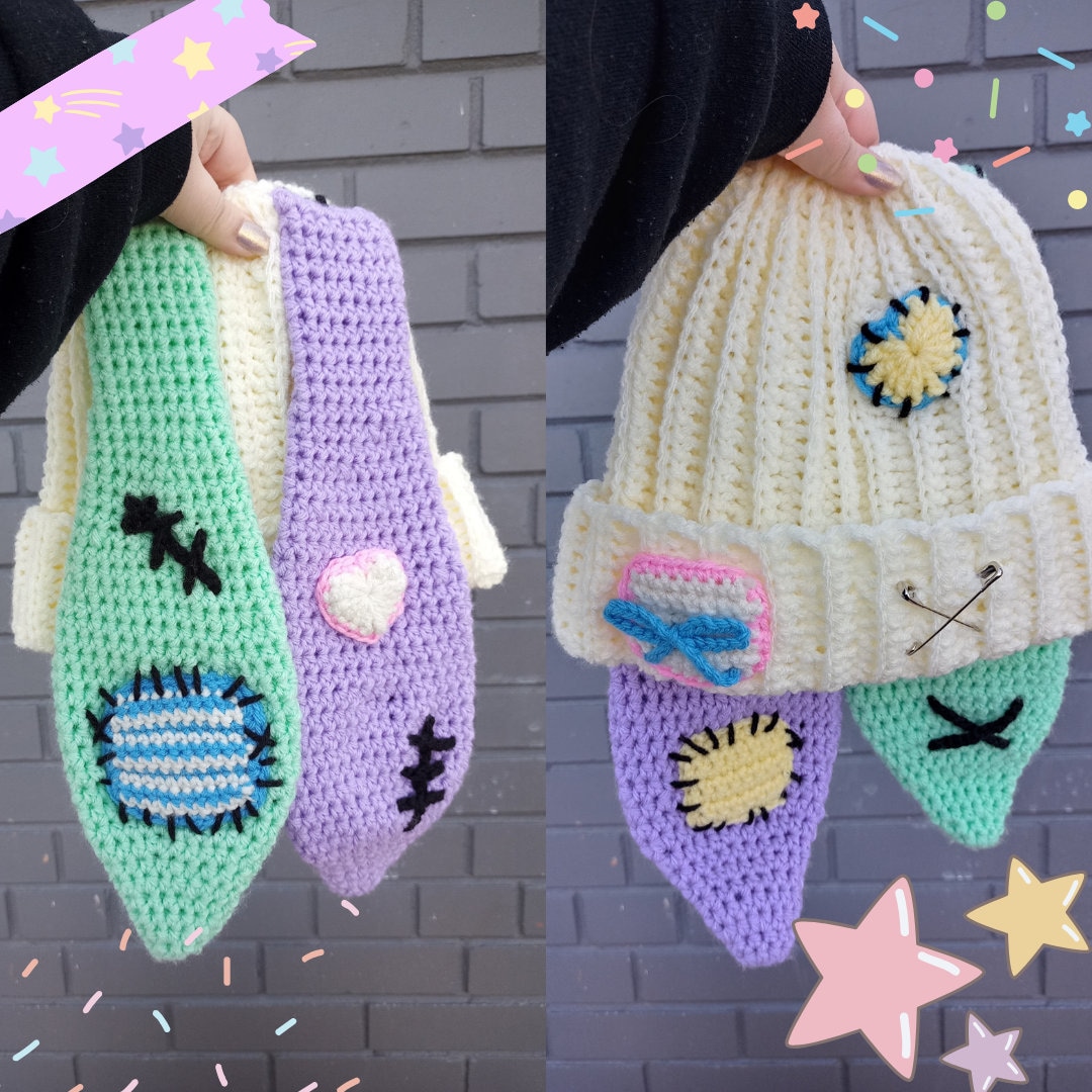 Crochet Kawaii Patches Bunny Ear Beanie - Etsy