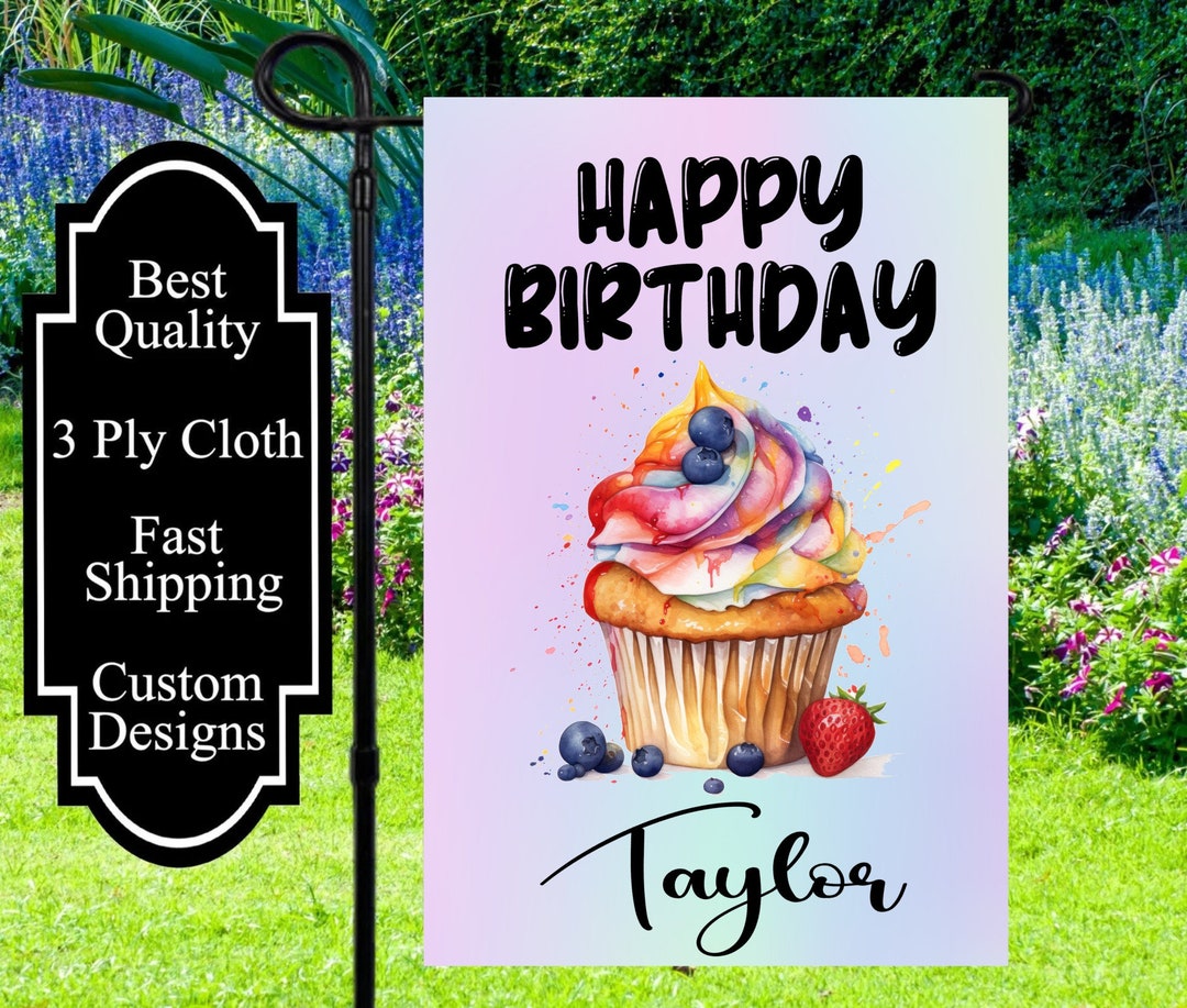 Birthday Cupcake Yard Sign, Unicorn Colored Birthday Flag, Personalized ...