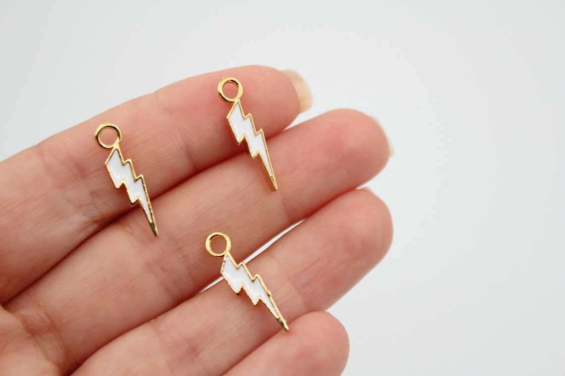 24K Gold Plated Lightning Bolt Charm, Enameled Thunder Pendant (5x20mm ...