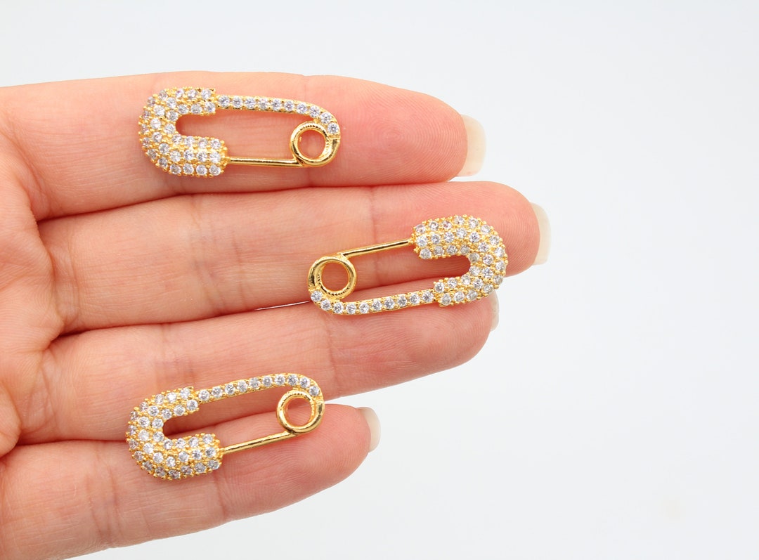 12x27mm 24K Shiny Gold Plated Zircon Pave Safety Pin Charm, Safety Pin ...