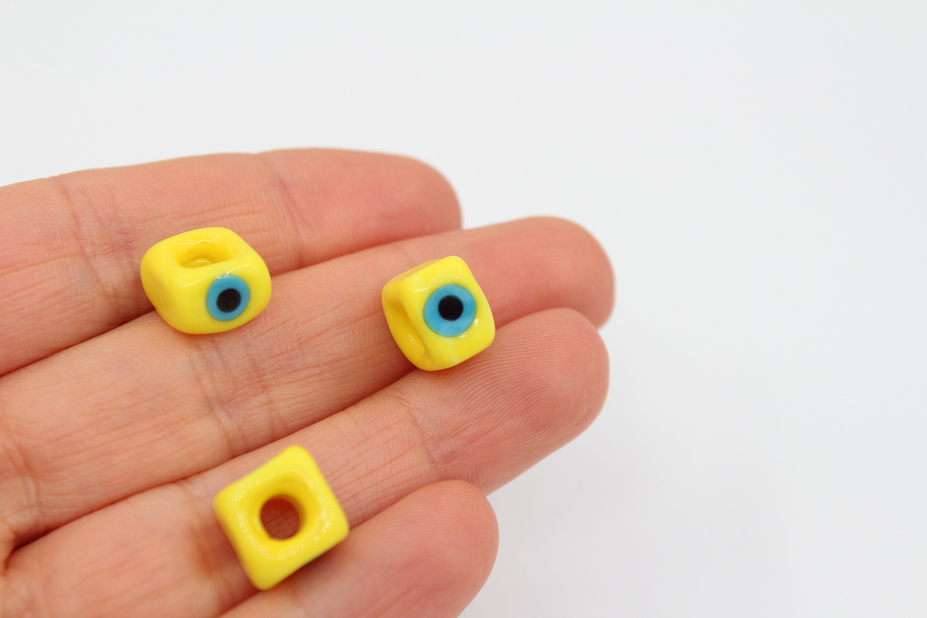 9,5MM Cube Evil Eye Murano Glass Beads, Handmade Square Evil Eye Charm ...