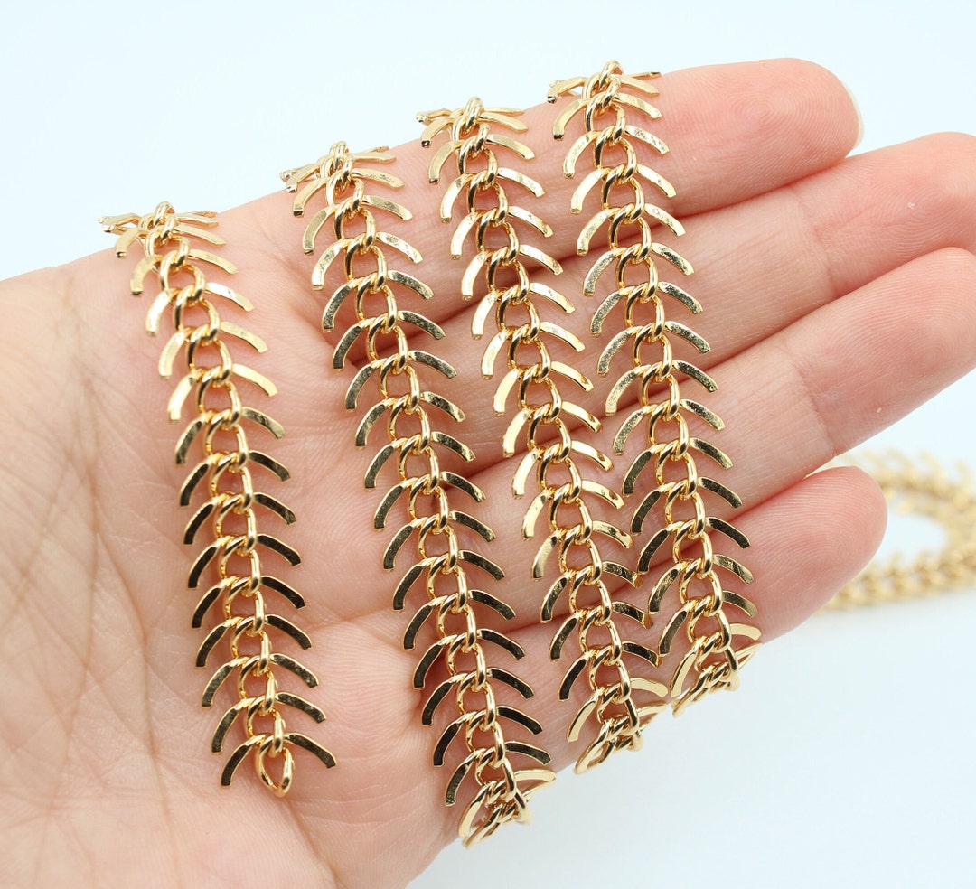 12MM 24K Shiny Gold Plated Fishbone Chain, Choker Chain, Soldered ...