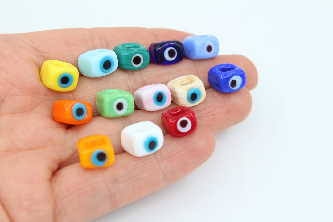 9,5MM Cube Evil Eye Murano Glass Beads, Handmade Square Evil Eye Charm ...