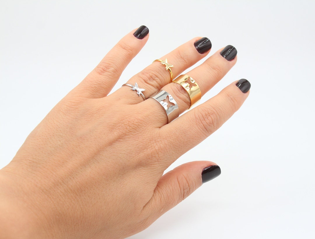 24K Shiny Gold Plated Couple Rings, Adjustable Butterfly Rings, Love ...