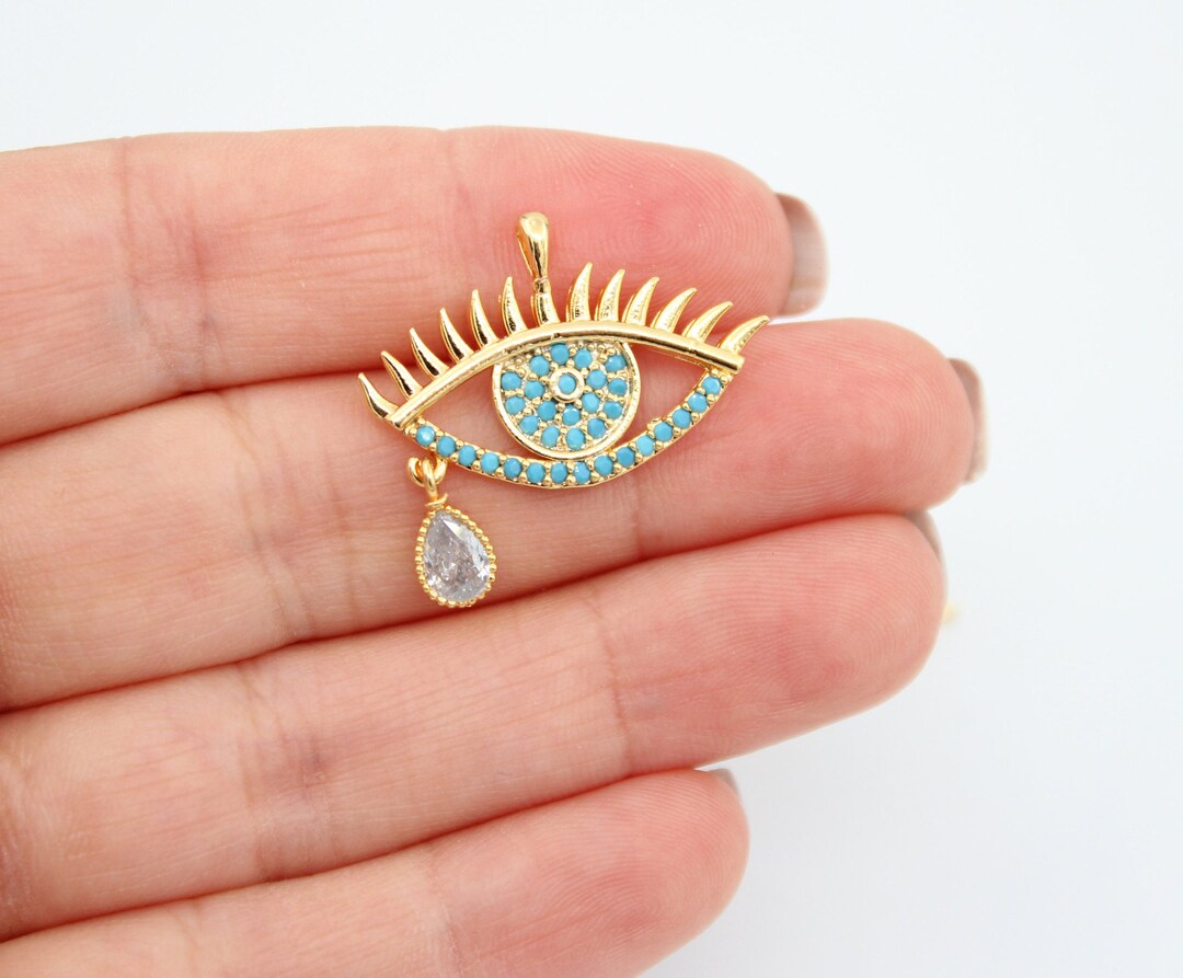 18X24MM 24K Shiny Gold Plated Eye Pendant, Turquoise Zircon Eye Charm ...