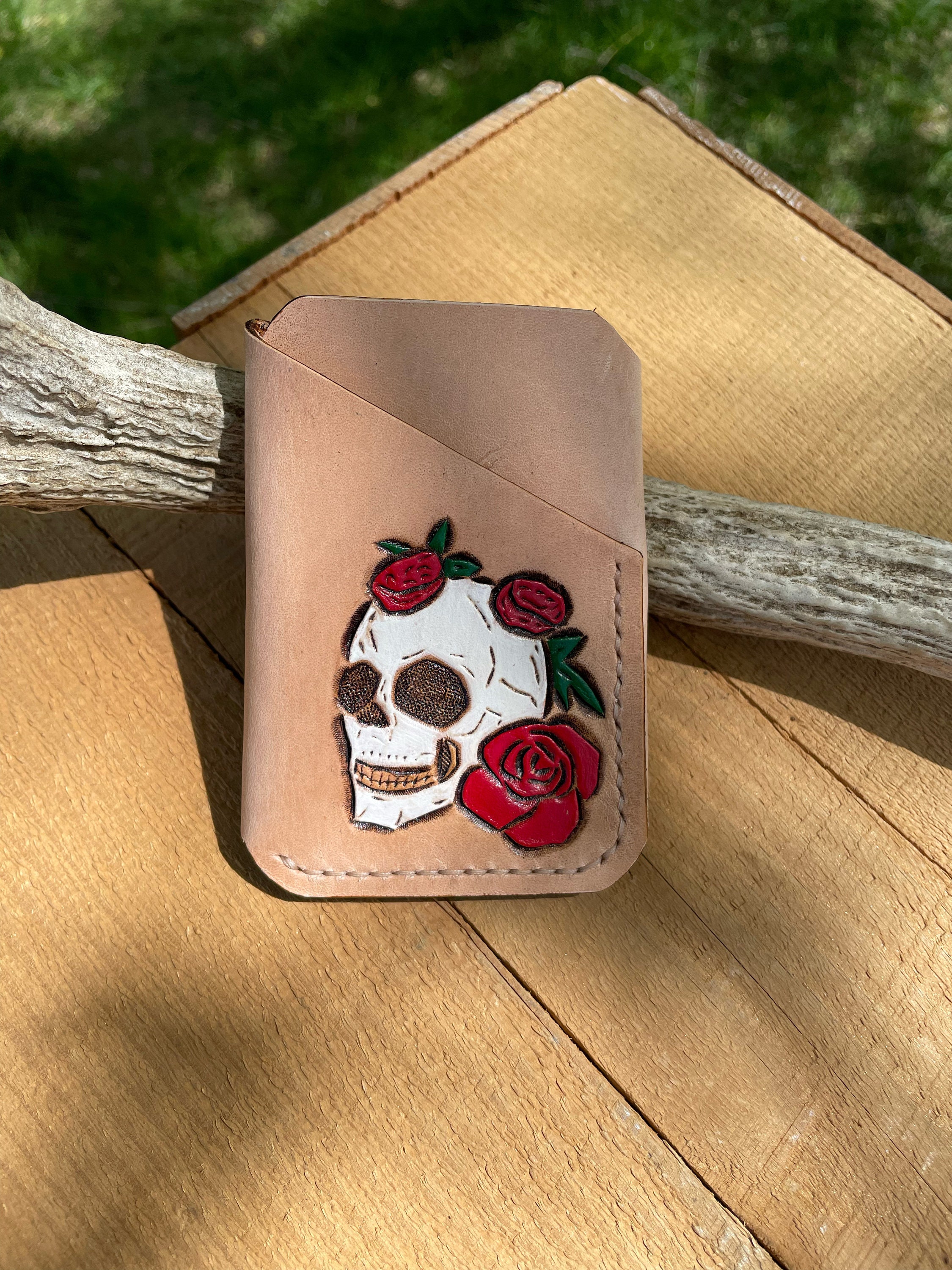 Genuine Tooled Leather Wrap Wallet, Skull and Roses Minimalist Card ...