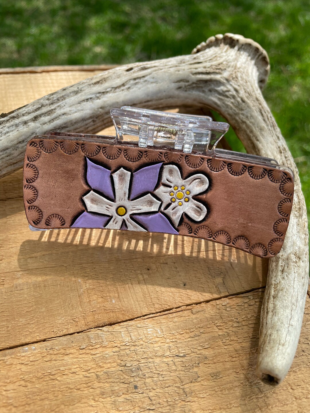4" Hand Tooled Leather Claw Clip | Genuine Leather Hair Claw Double ...