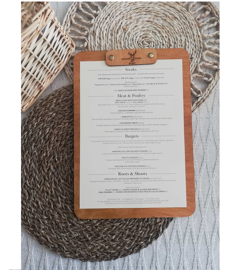 Wooden Restaurant Menu Board Wooden Menu Holder A4 or A5 Restaurant ...