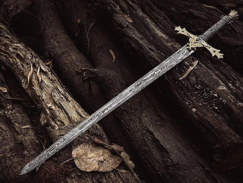 Handmade Damascus Steel Templar Sword: Medieval Style With Leather ...
